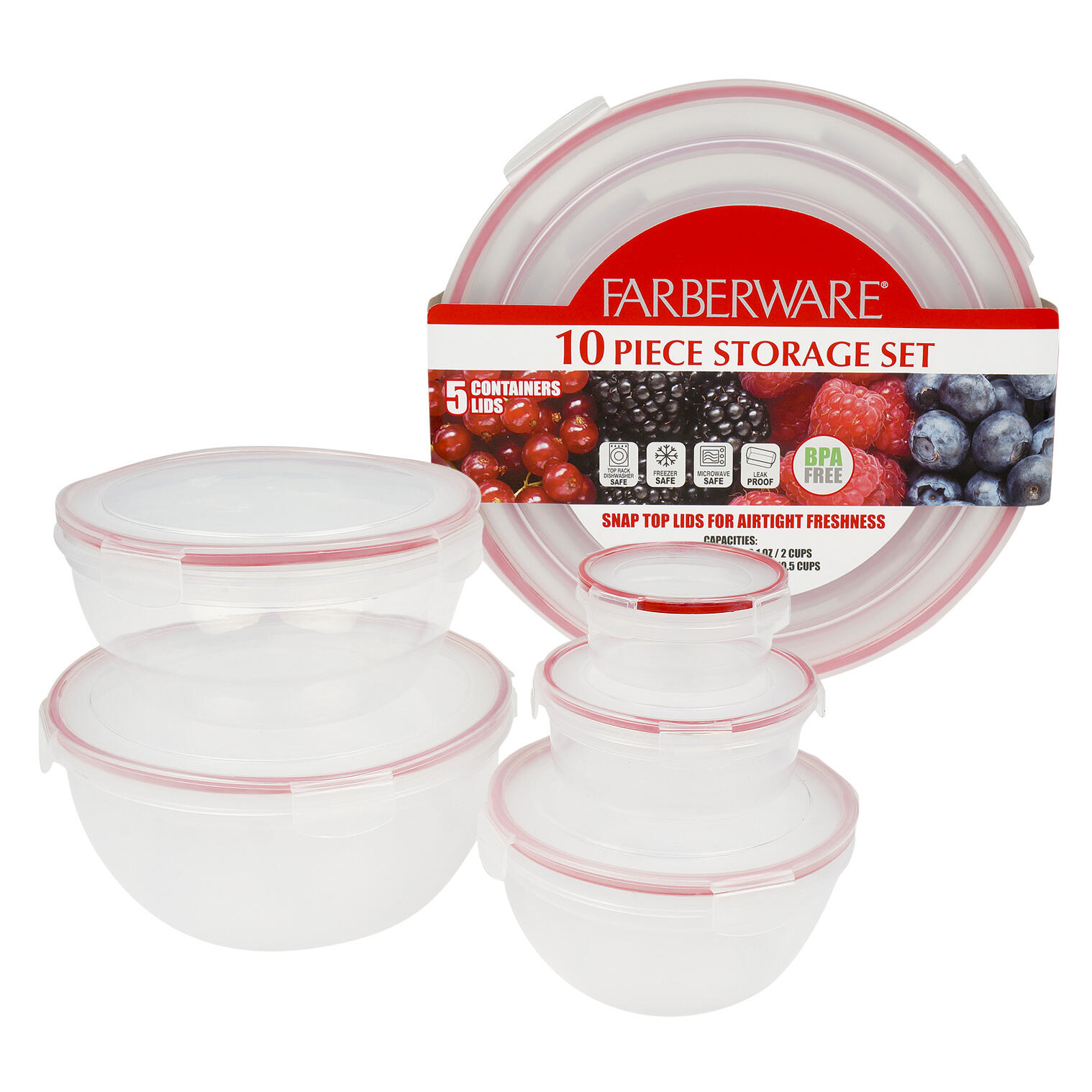 Wholesale 10 Piece Farberware Round Food Container Set- Red RED