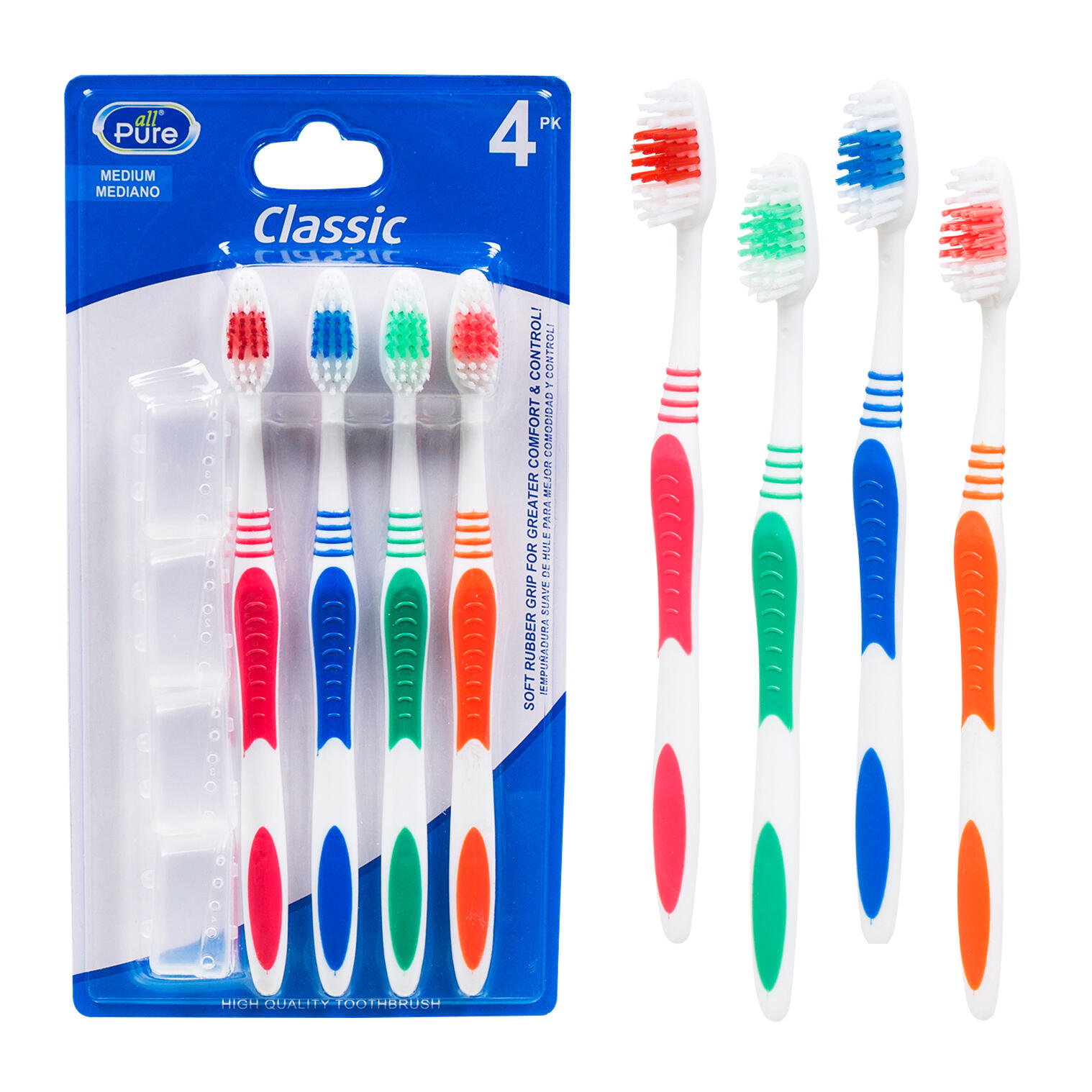 Wholesale 4 Pack All Pure Classic Toothbrushes with Clear Ca