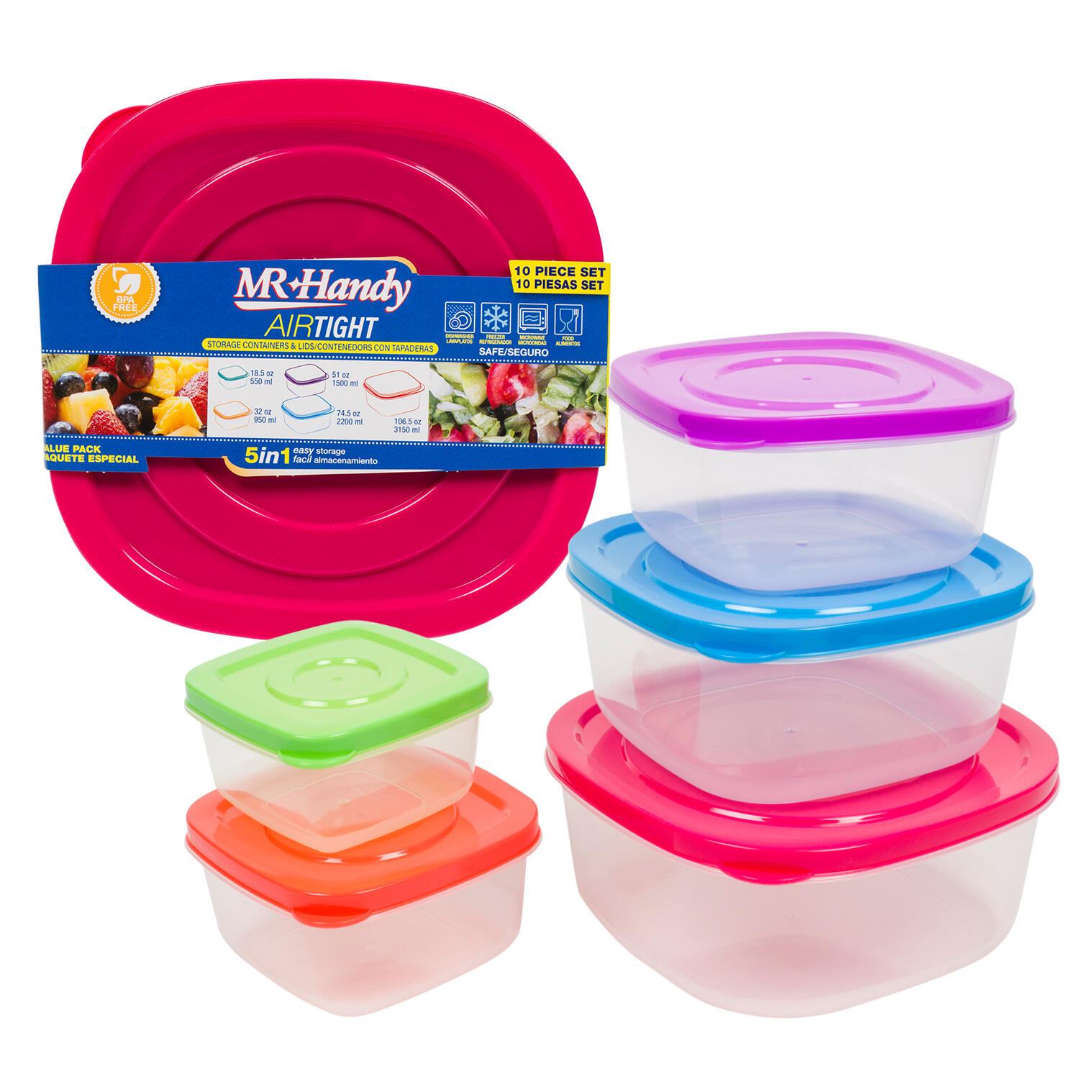 Wholesale 10 Piece Food Container Set W/ Lid ORANGE GREEN PURPLE BLUE RED
