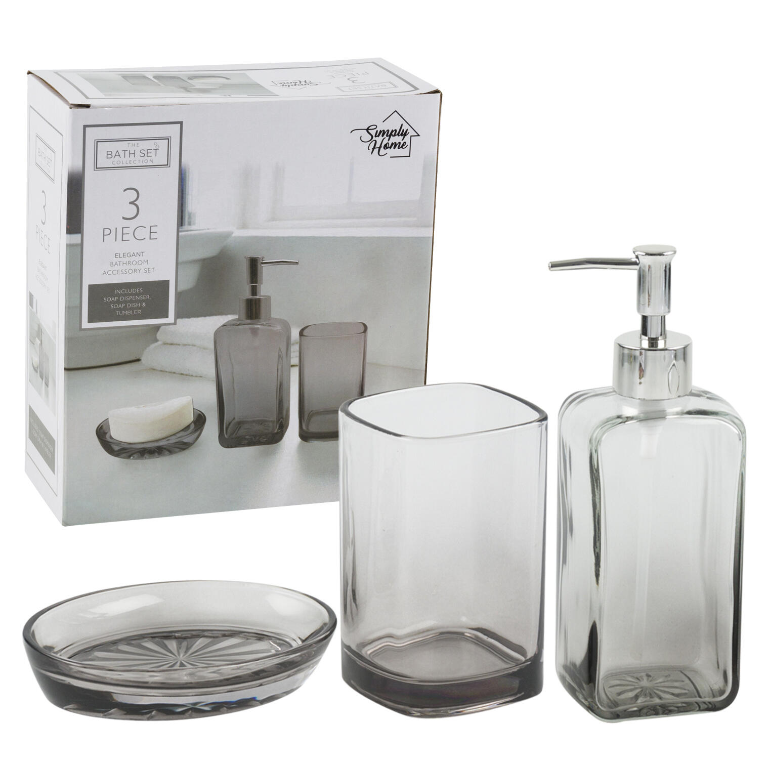 Wholesale 3pc Simply Home Glass Bathroom Set- Clear CLEAR