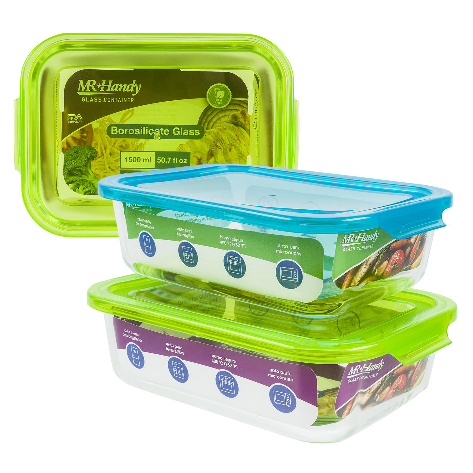 Wholesale Rectangular Glass Food Container- 50.7oz- 2 Asst. GREEN