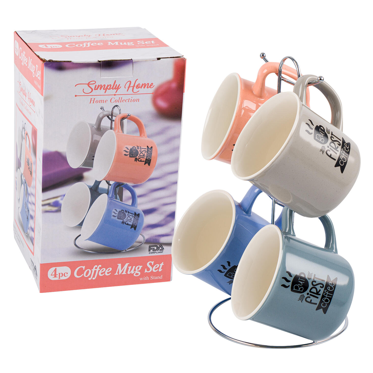 Wholesale Simply Home 4pc Coffee Mug Set W/ Stand- 11oz ASST COLOR