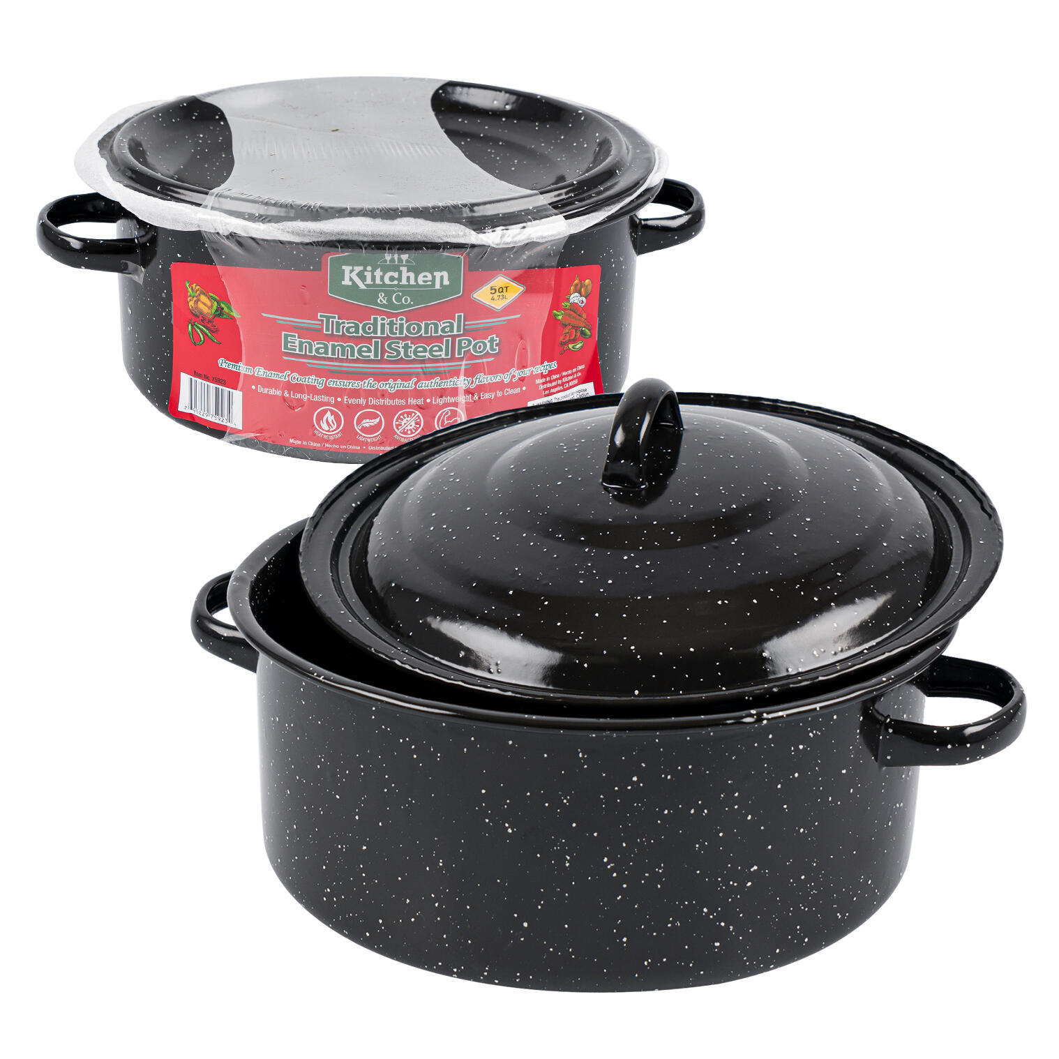 Wholesale Traditional Enamel Steel Pot- 5qt- Speckled Black SPECKLED BLACK