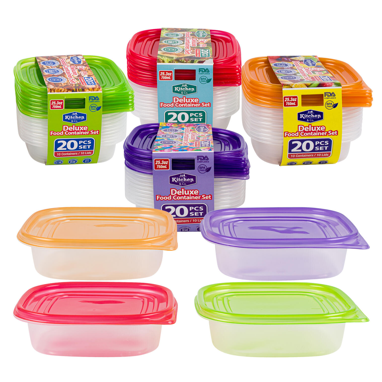 Wholesale 20pc Shallow Food Container Set- 25.3oz | CLEAR W/ ORANGE GRN ...