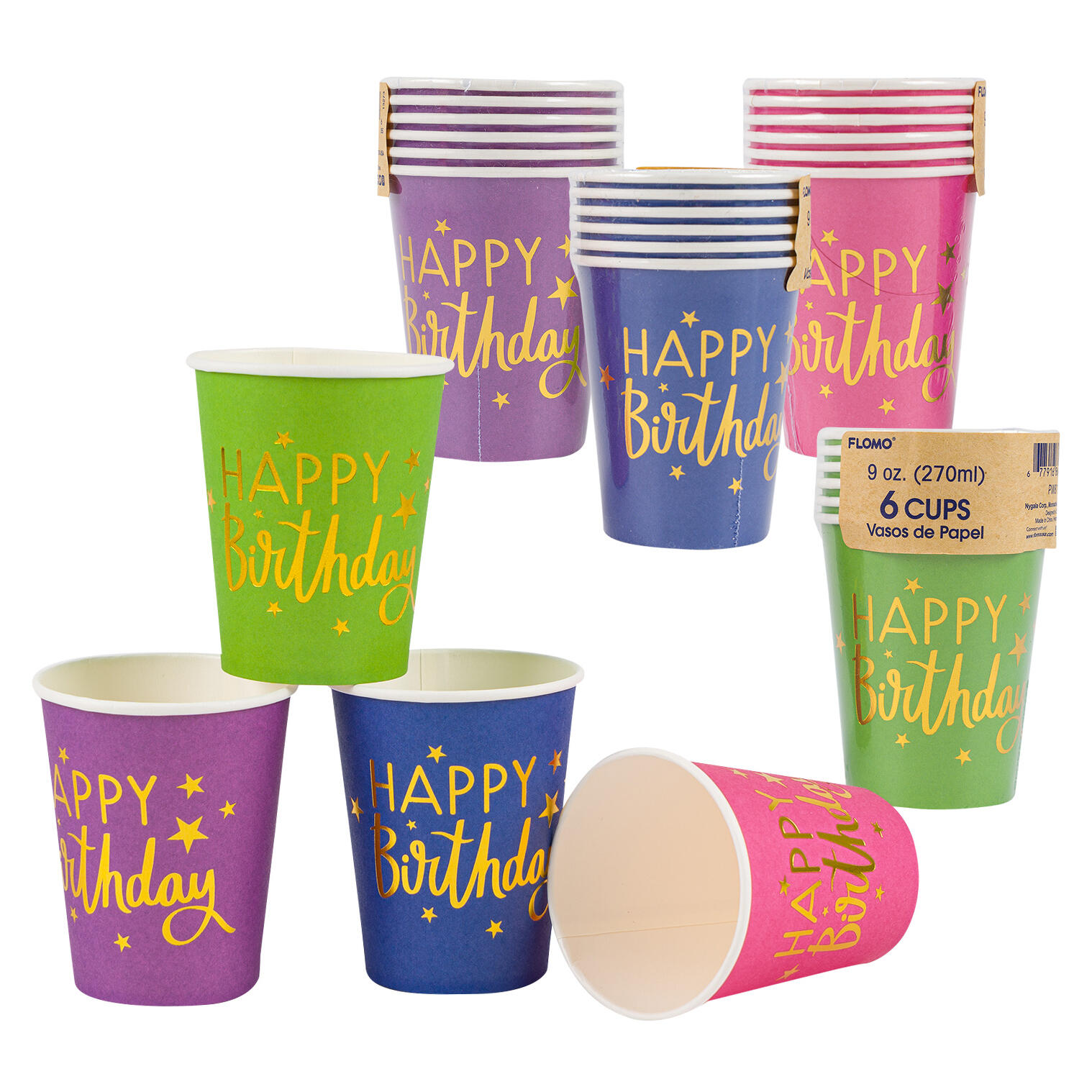 Wholesale 6pc Happy Birthday Paper Cup- 9oz- 4 Assortments PURPLE BLUE ...